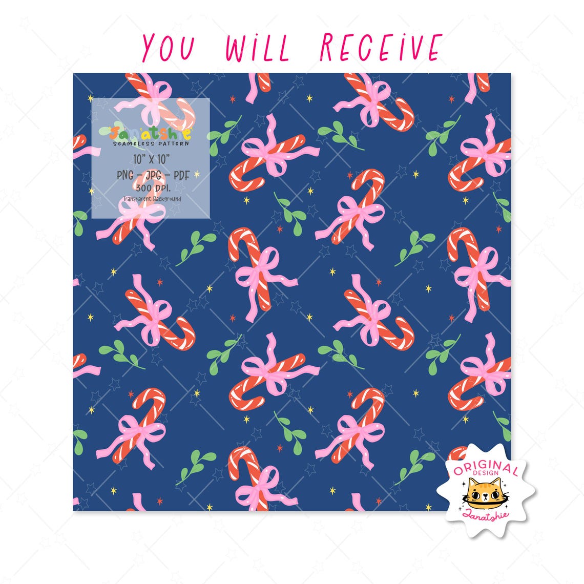Coquette Christmas Candy Cane Seamless Pattern Festive Digital Paper ...