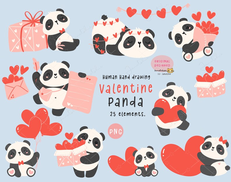 Valentine Panda Clipart Set: Cheerful Cartoon Animals (PNG Digital ...