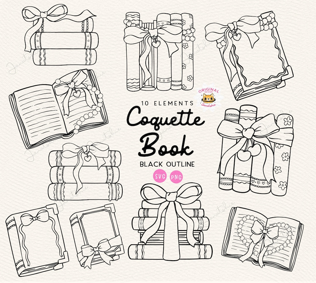 Coquette Book Outline Clipart: Girly Ribbon Bow Bookish Line Art Hand ...