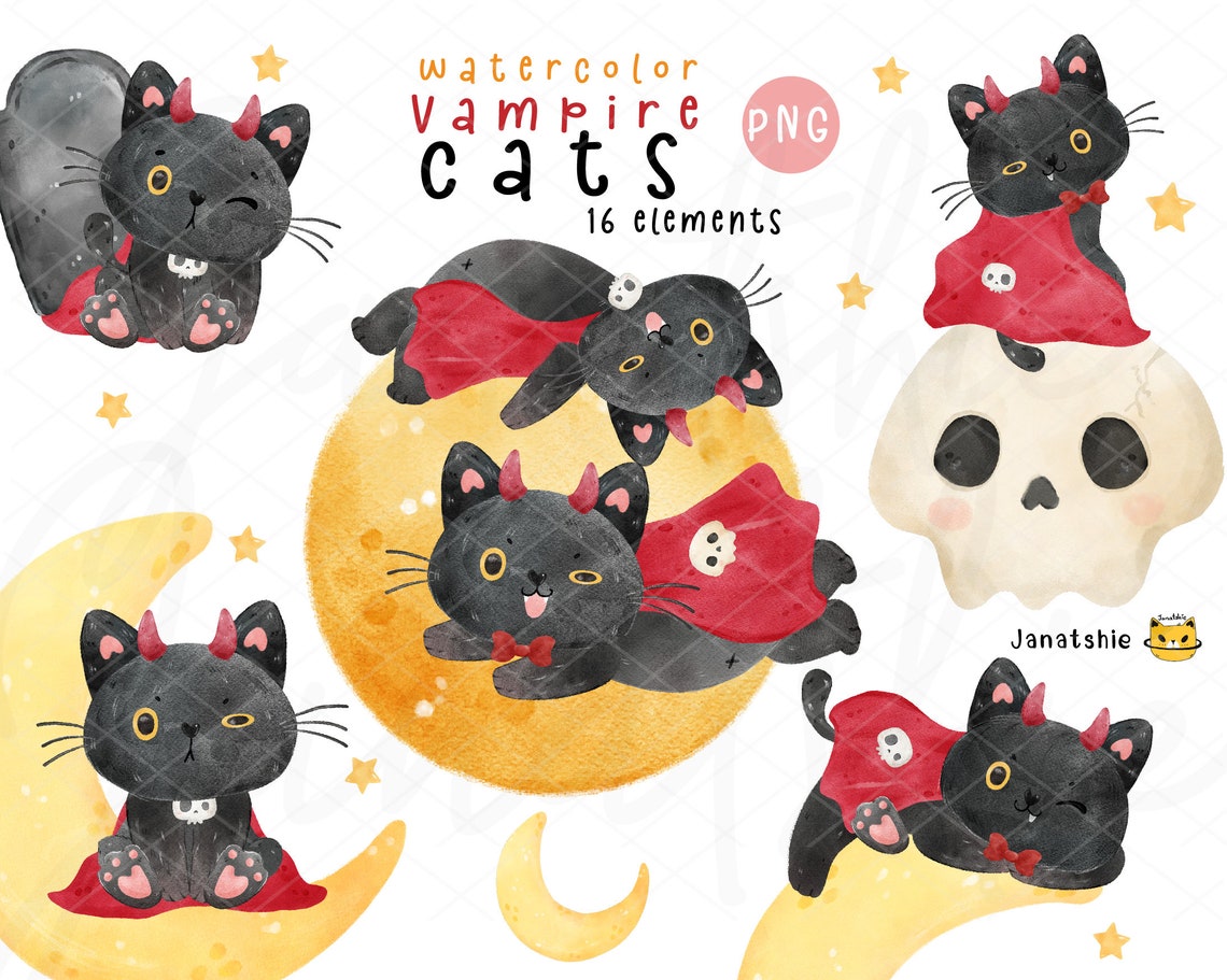Halloween PNG Cute Vampire Cat Watercolor Black Cat and - Etsy