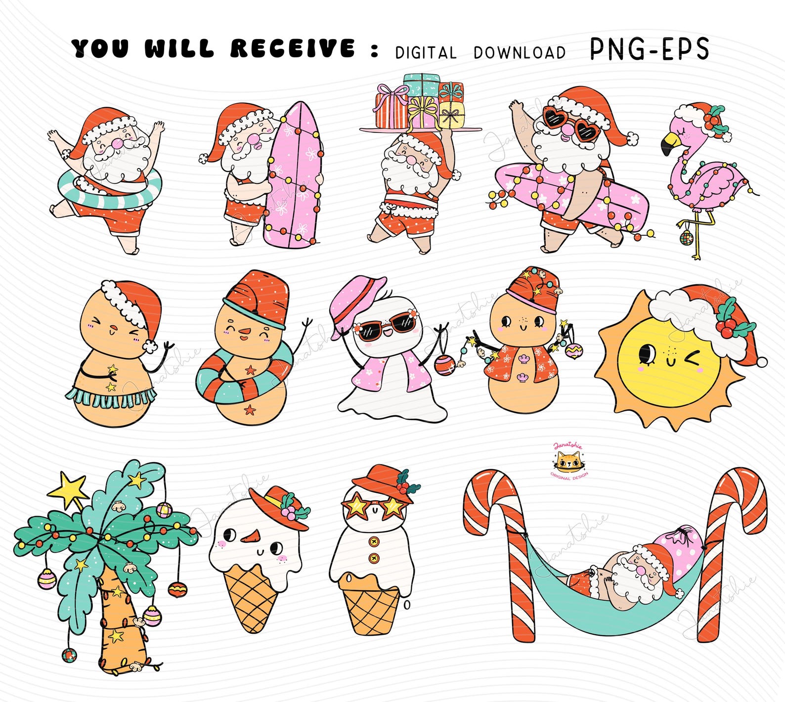 Retro Tropical Summer Christmas Clipart Bundle: Beach Santa, Palm Tree ...