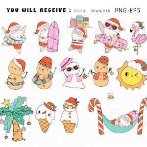 Retro Tropical Summer Christmas Clipart Bundle: Beach Santa, Palm Tree ...