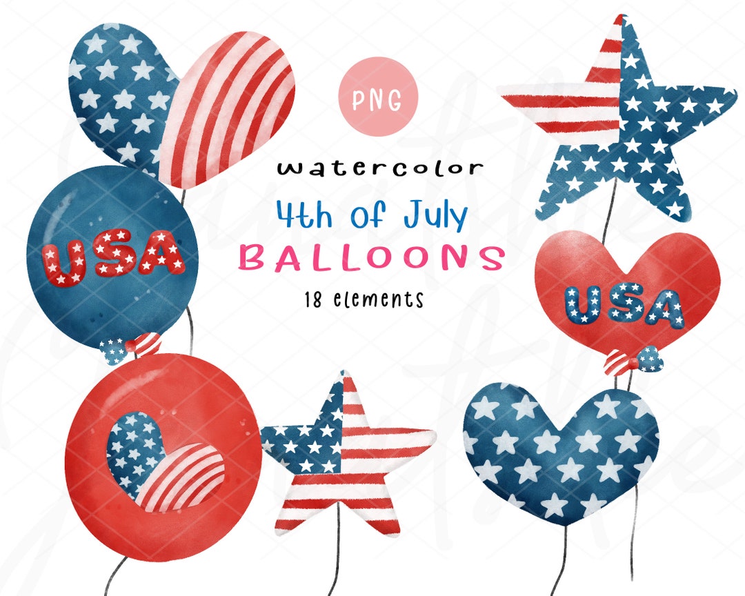 Festive 4th of July Balloons Clipart: Watercolor Design, Patriotic ...