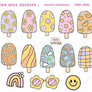 Groovy Summer Popsicle Clipart: Retro Disco Ice Cream Cone (PNG, EPS ...