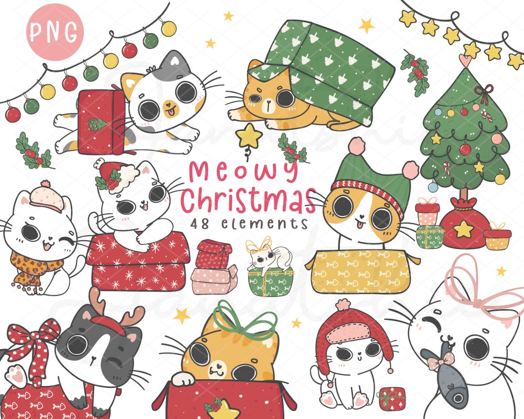 Christmas Cat PNG Set - Funny Cartoon Kitten Doodle Clipart - Instant ...