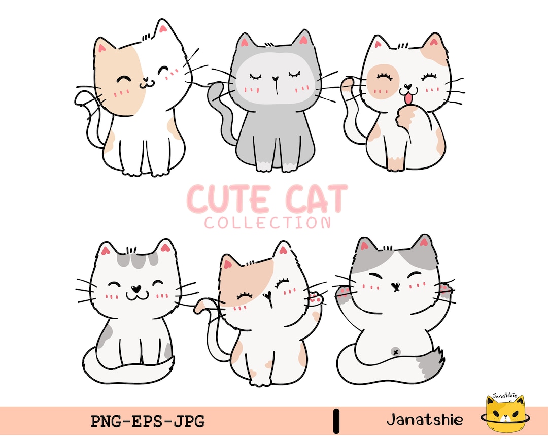 Cute Kitten Cat Clipart Set - Funny Adorable Cartoon Hand Drawing ...
