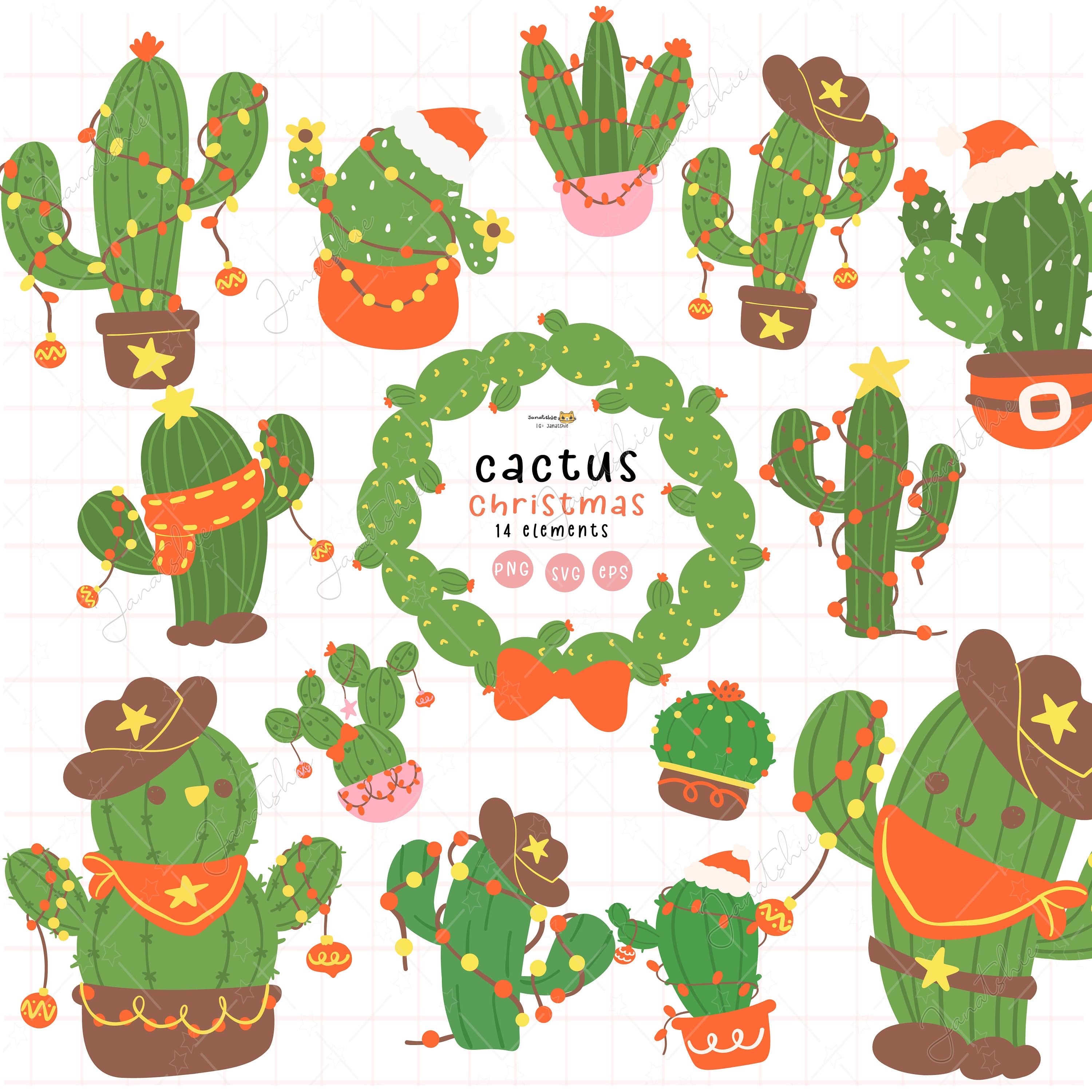 Christmas Cactus SVG Clipart Set in Kawaii Cowboy Style Png, Cute ...