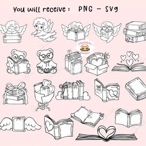 Retro Valentine Bookish Coloring Clipart Whimsical Coquette Valentine ...