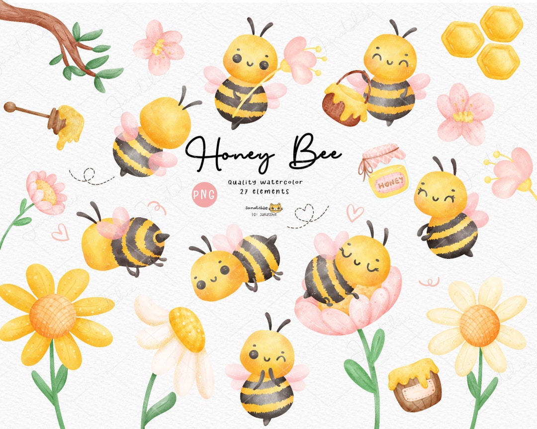 Honeybee Watercolor Clipart, Cute Baby Bee Png Clip Art in Kawaii ...