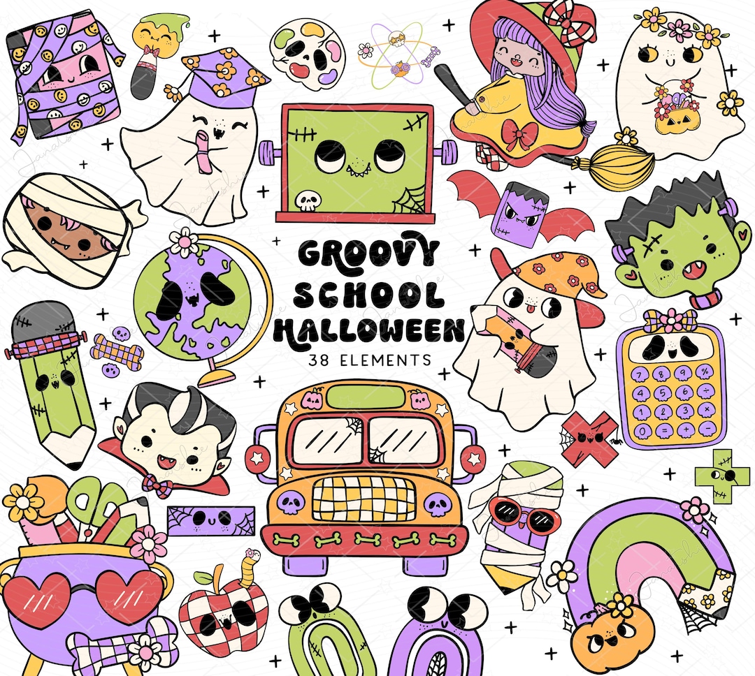 Groovy Halloween Clipart Bundle: Spooky School PNG Illustrations ...
