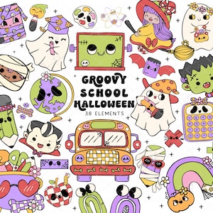 Groovy Halloween Clipart Bundle: Spooky School PNG Illustrations ...