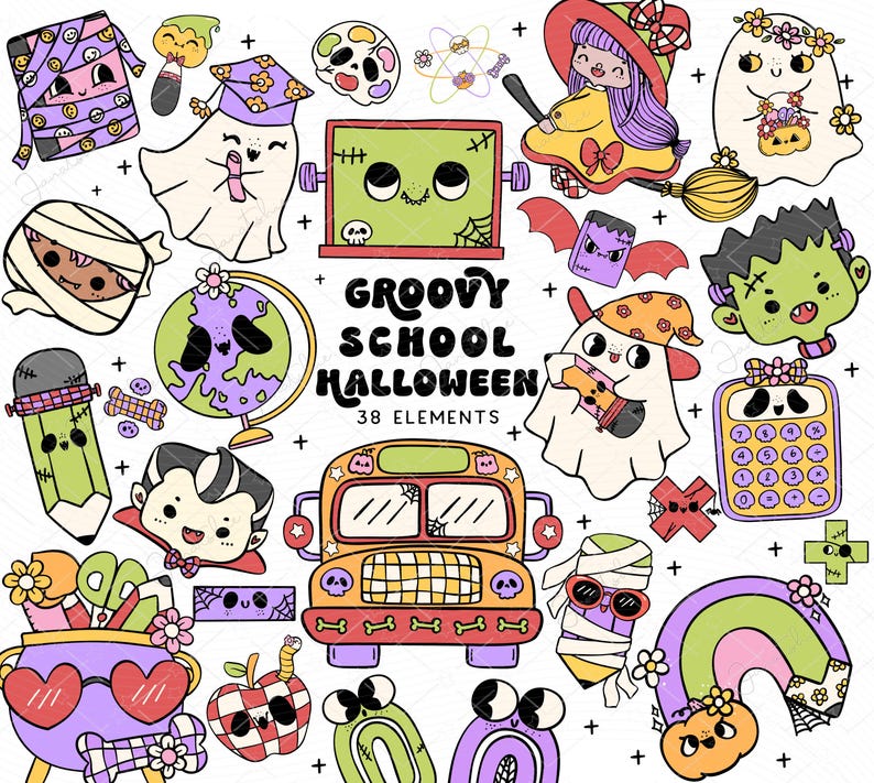 Groovy Halloween Clipart Bundle: Spooky School PNG Illustrations ...