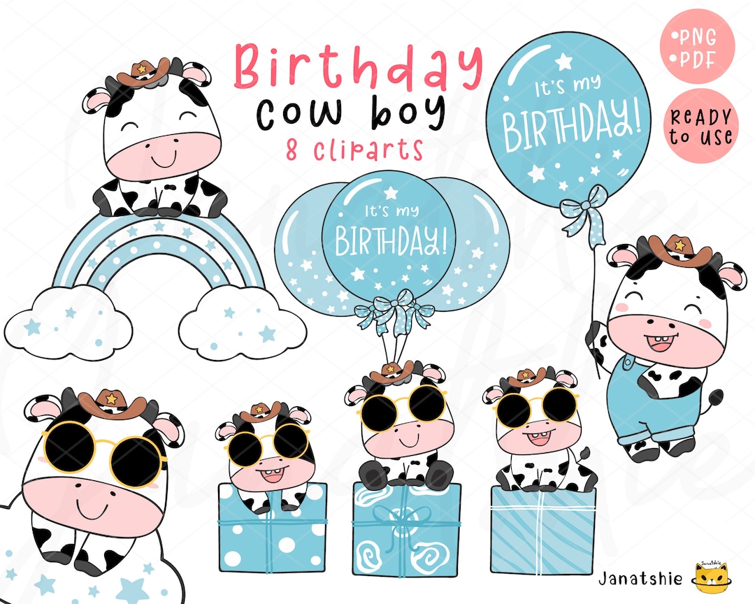 Cute Baby Cow Boy BIRTHDAY Cliparts Set , Baby Cow Birthday Png, Baby ...