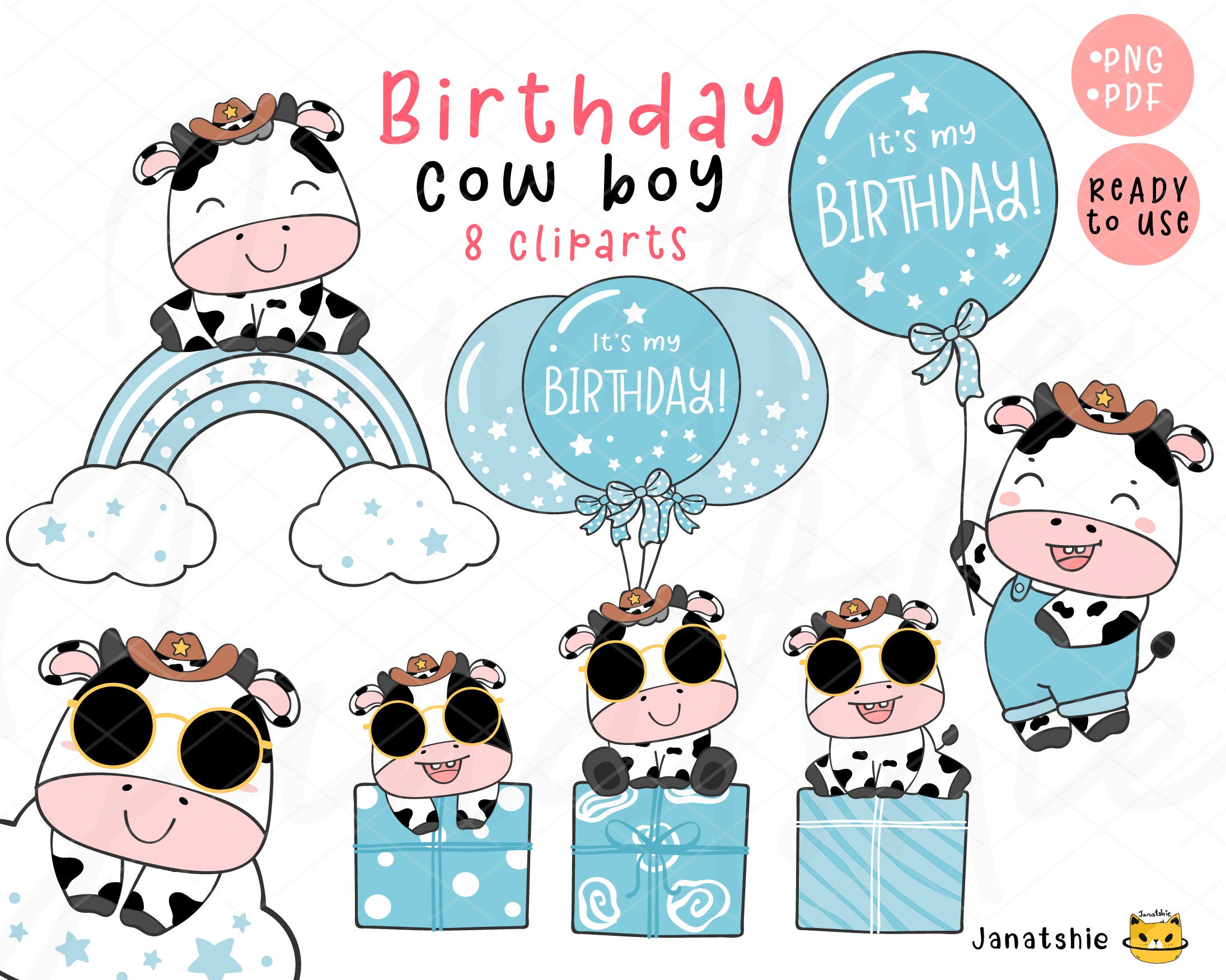 Cute Baby Cow Boy BIRTHDAY Cliparts Set , Baby Cow Birthday Png, Baby ...