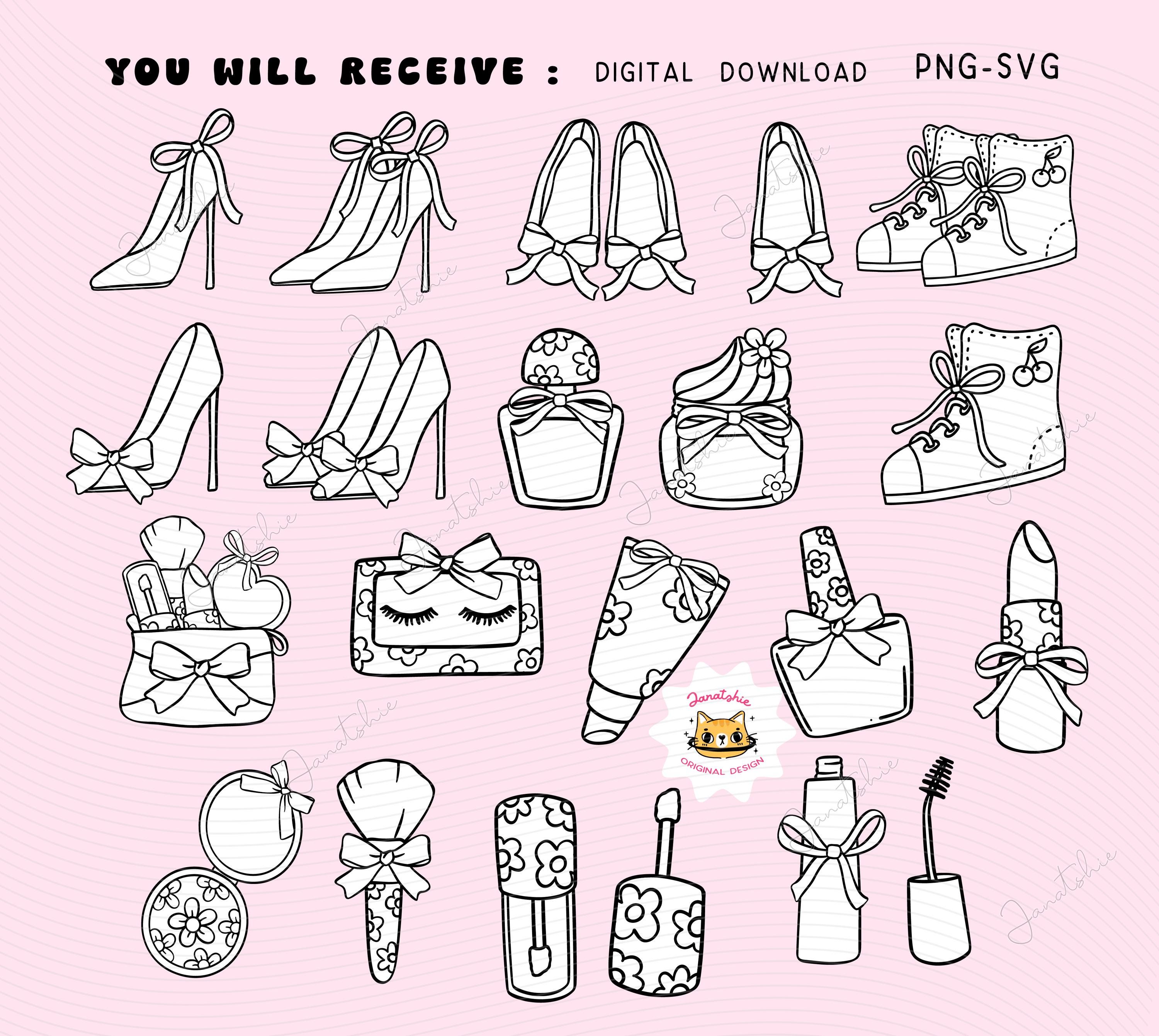 Coquette Girl Things Outline Clipart Set, Girly Retro Doodles Coloring ...