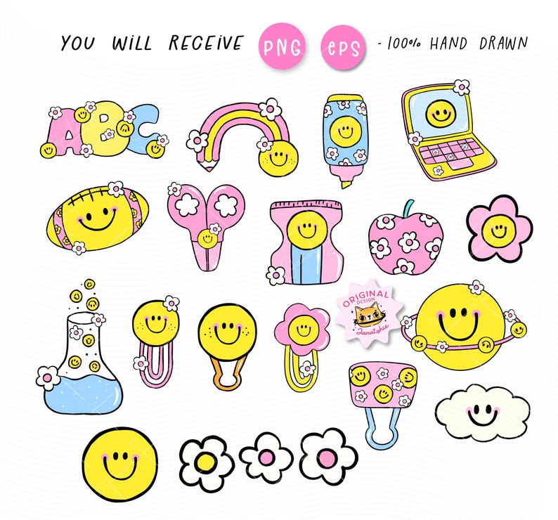 Retro Smile Face School Clipart Set: Pastel School Supplies PNG ...