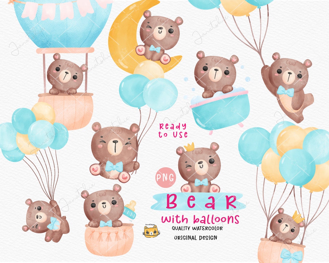 Teddy Bear Baby Shower Clipart, Bear With Balloons, Watercolor PNG ...