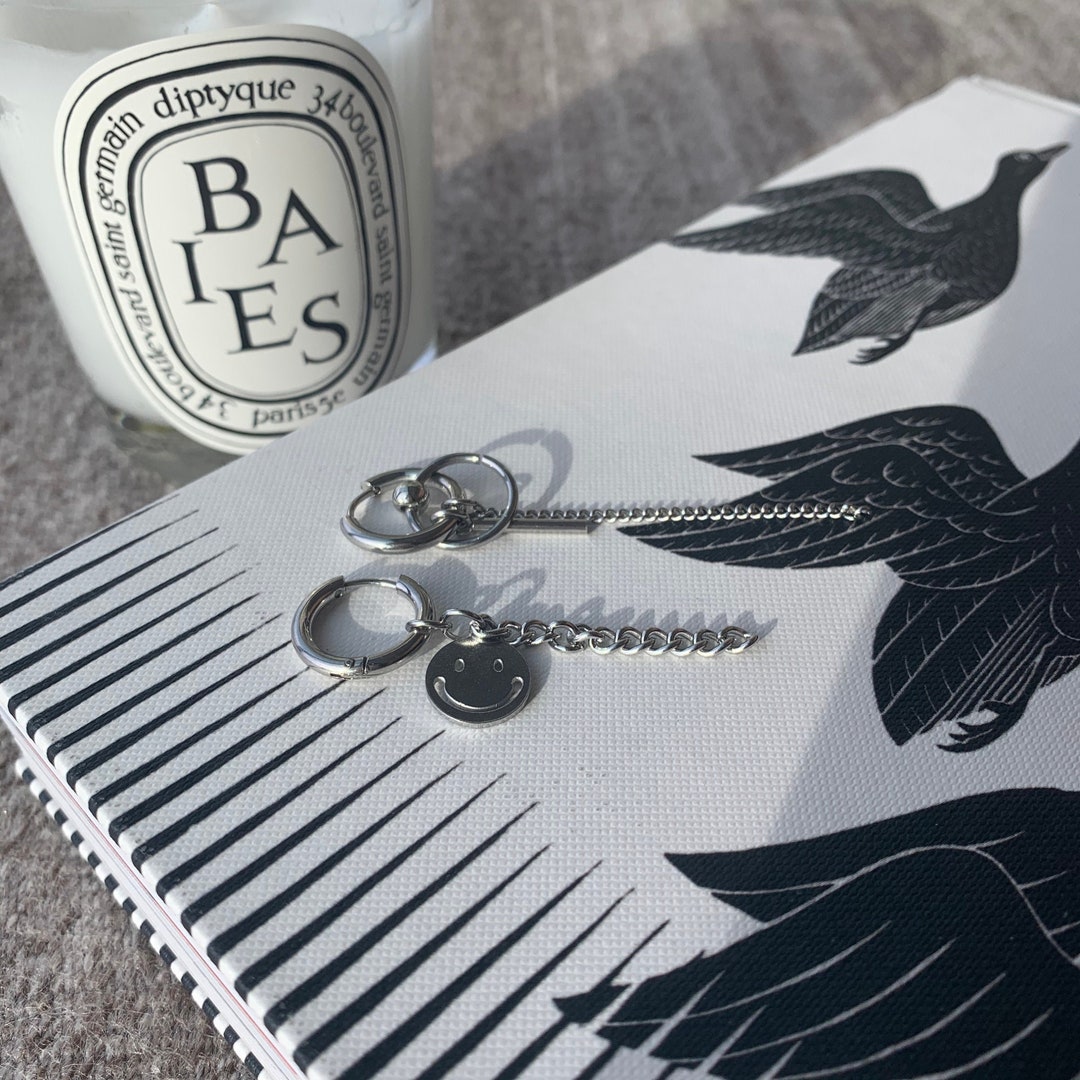 Smiley Face Punk Huggie Hoops, Asymmetrical Smiley Face Earrings ...