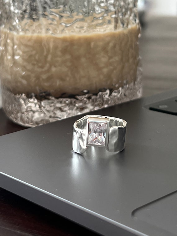 Sterling Silver Square Stone Hammered Rings Extraordinary Ring | Etsy ...