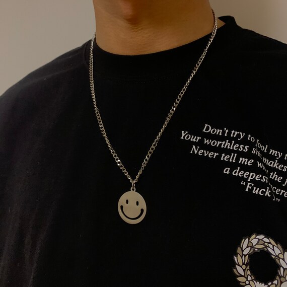 Smiley Face Necklace Silver Smile Face Emoji Necklace Modern | Etsy