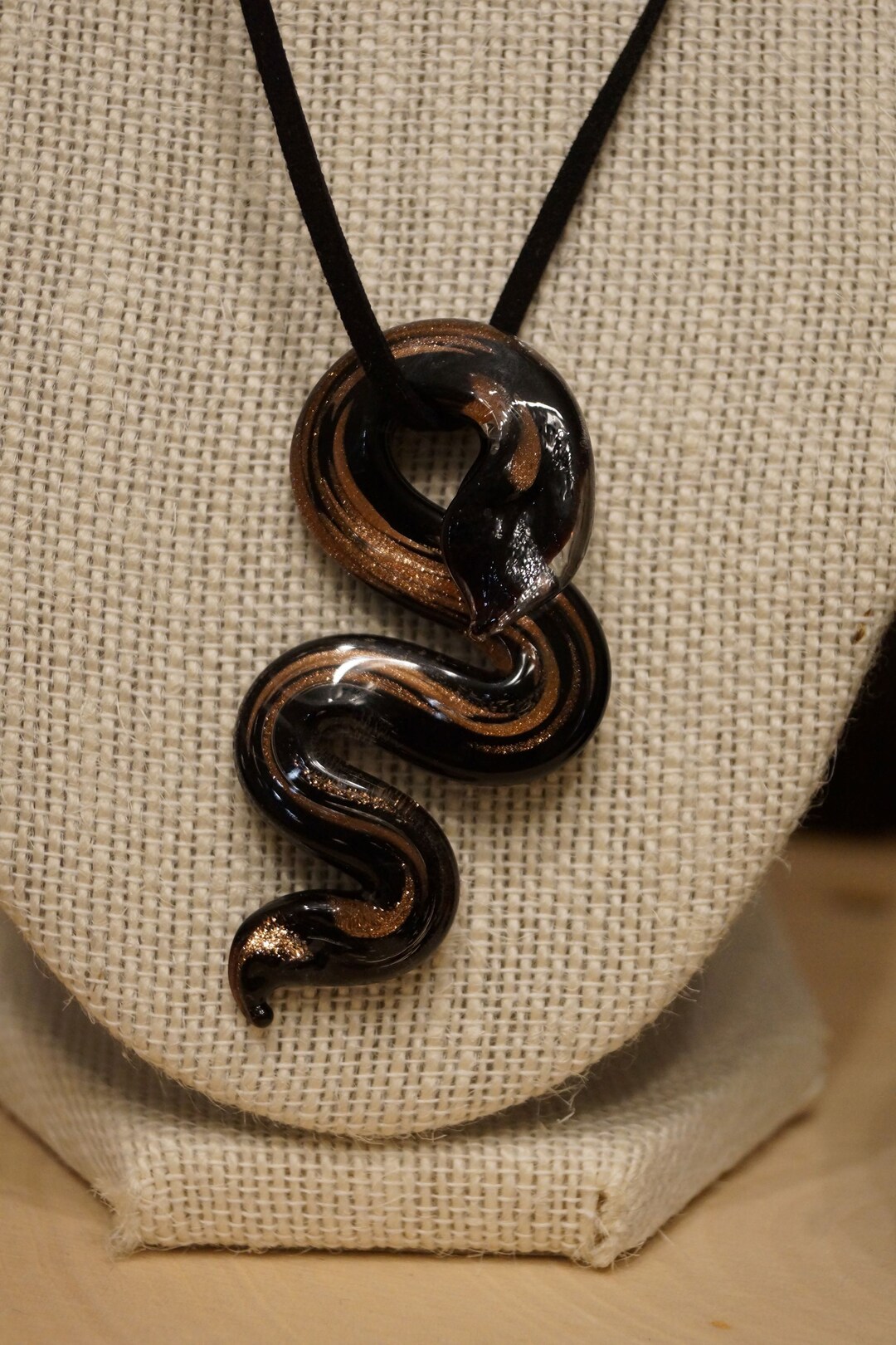 Snake Serpent Black & Gold Shimmer Glittery Necklace Pendant Amulet ...