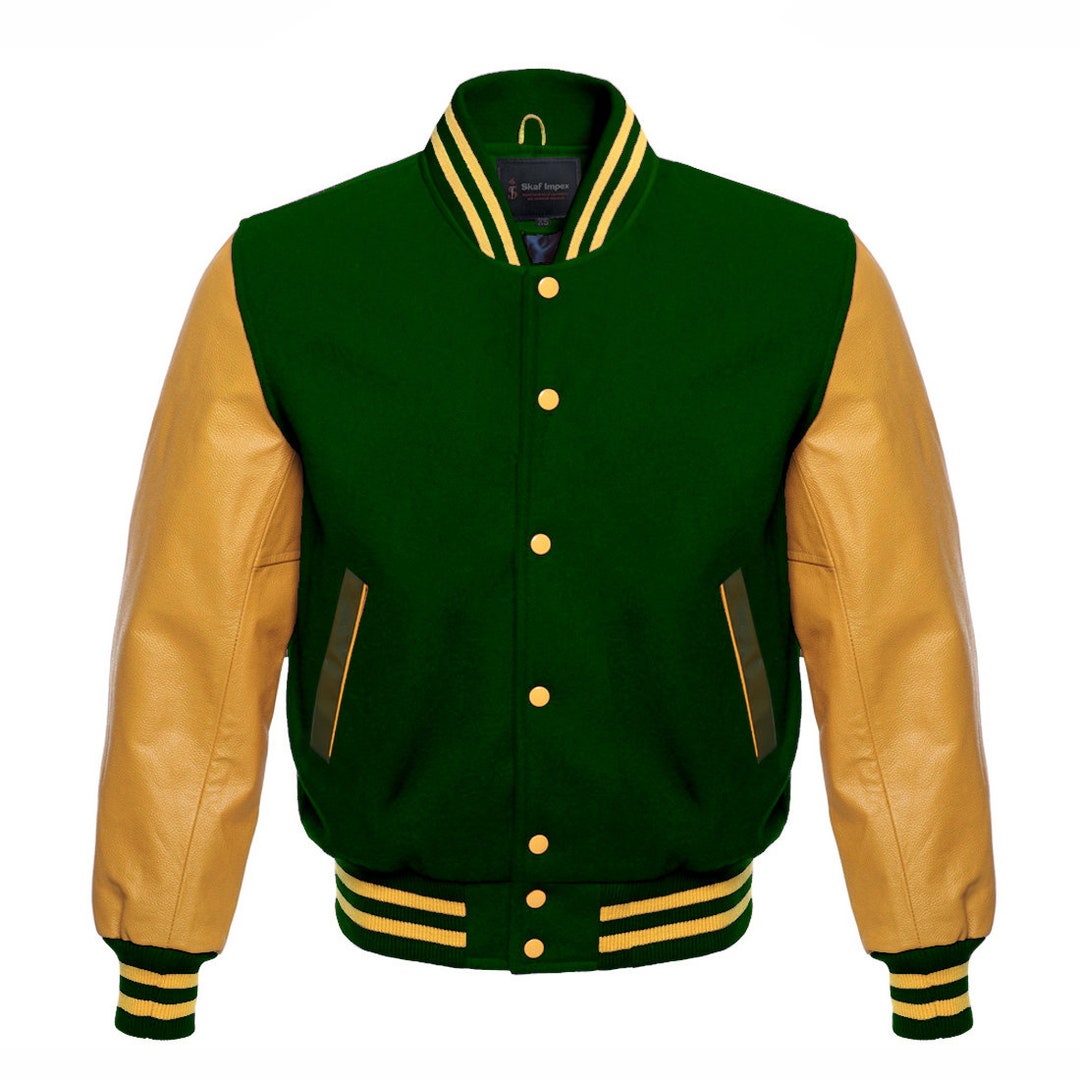 Varsity Jacket Men Letterman Baseball Dark Green Wool Genuine Gold ...