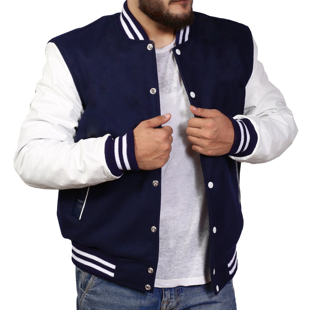 Men's Classic Varsity Letterman Jacket Navy Blue Wool & White Leather ...