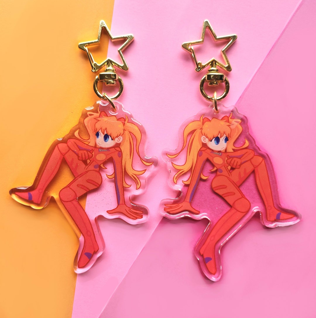 Neon Genesis Asuka Keychain Double Sided Glitter Acrylic Charm - Etsy