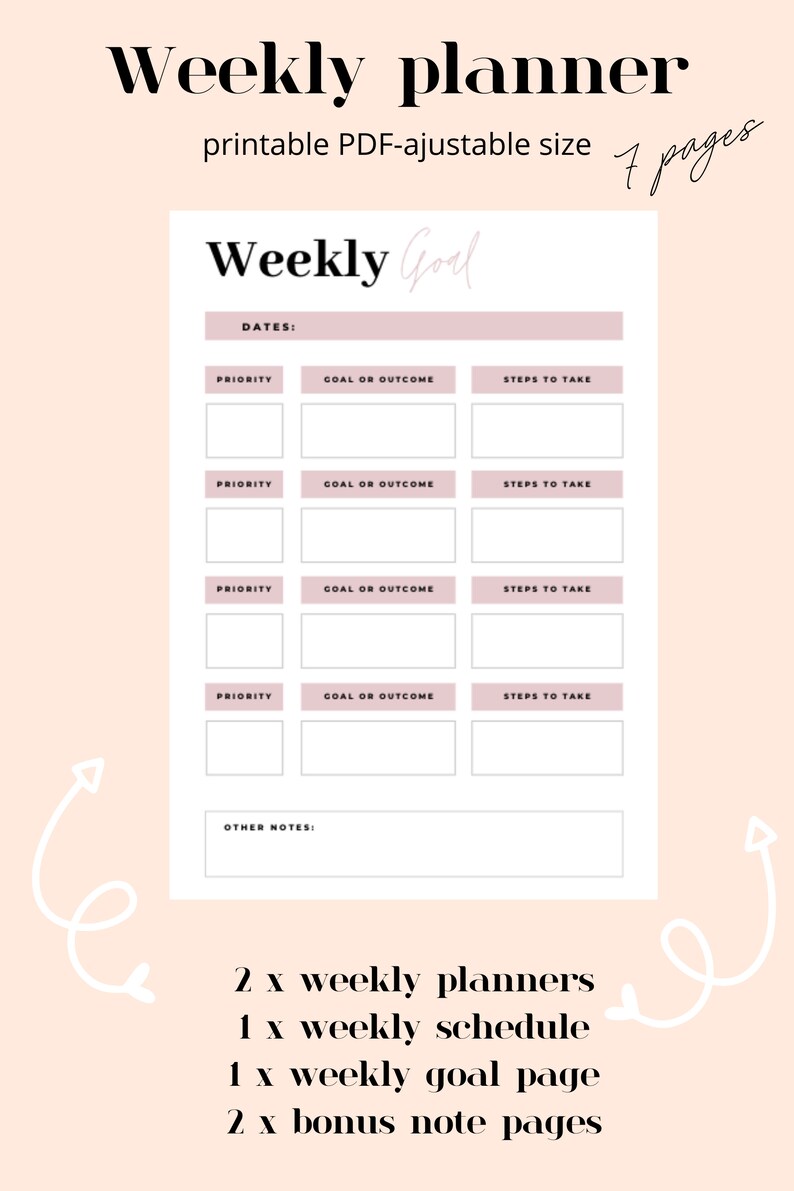 7 Pages Weekly Planner Printable Agenda to Do List Pink Life Planner ...
