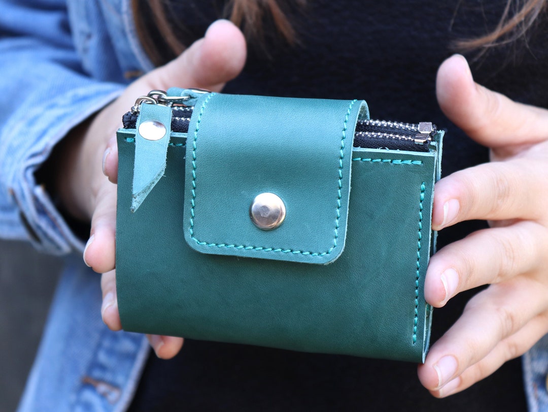 Leather Small Bifold Wallet With Two Zippered Compartments, Mini Purse ...