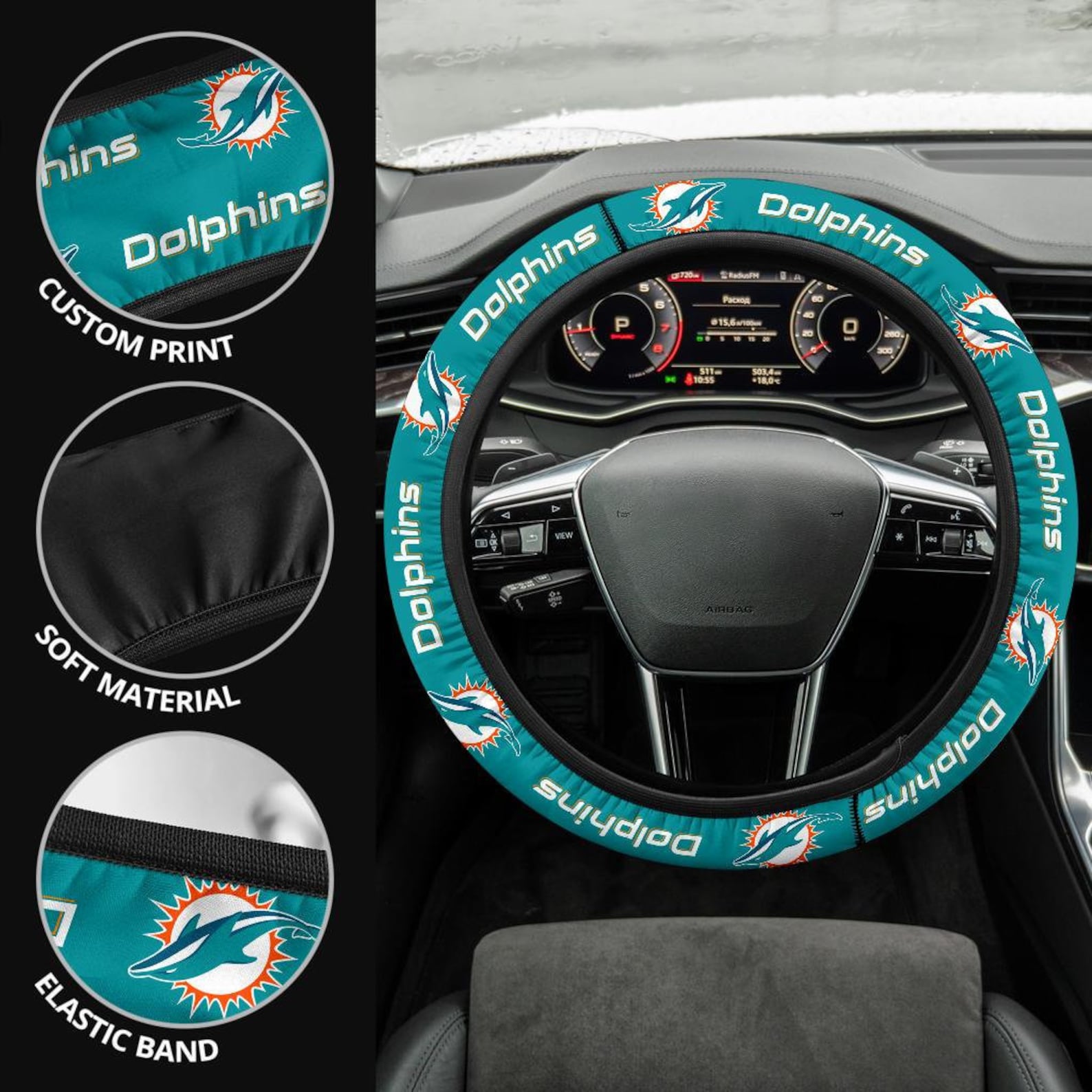 Miami Dolphins Themed Custom Steering Wheel Cover for a Fan, Fits Most ...