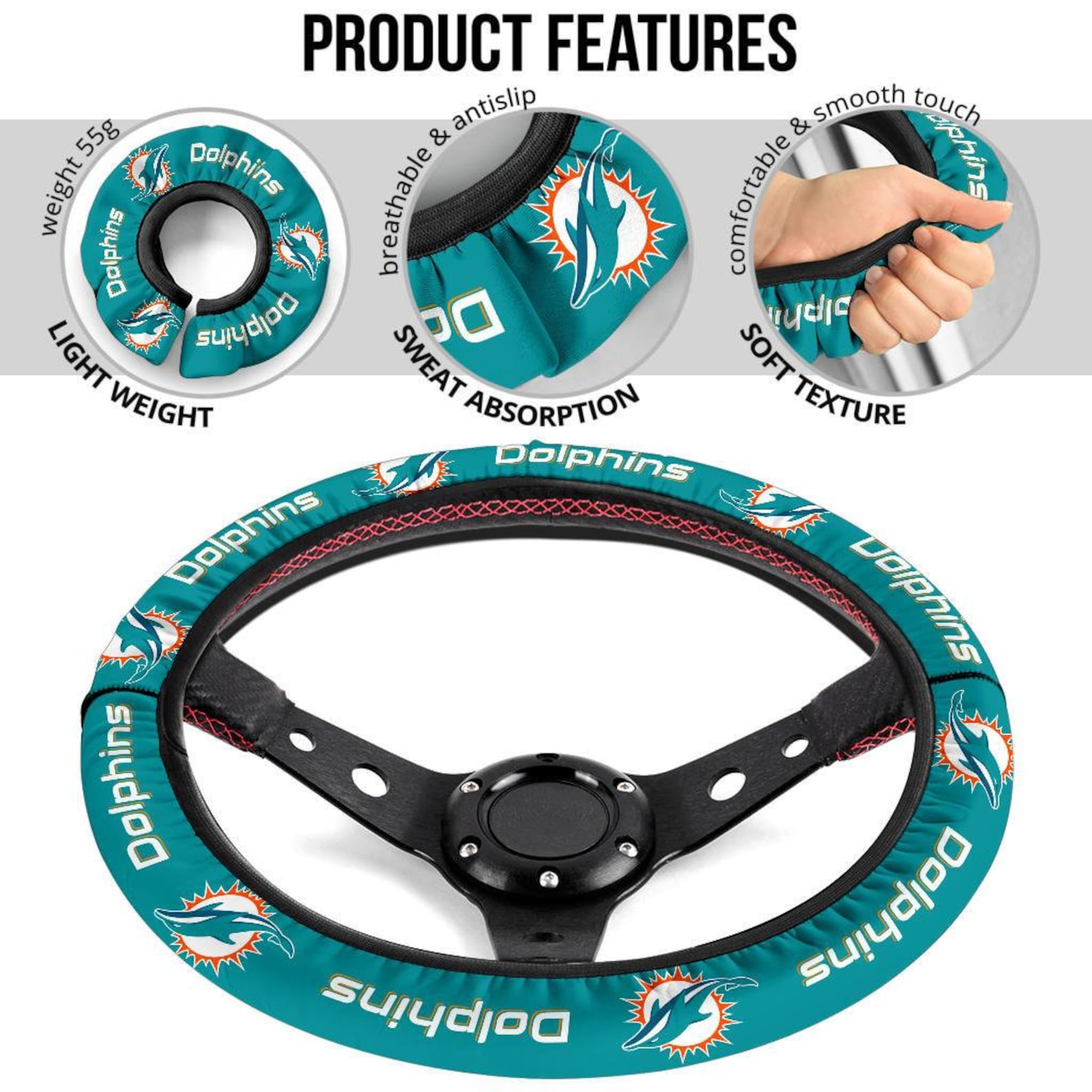 Miami Dolphins Themed Custom Steering Wheel Cover for a Fan, Fits Most ...