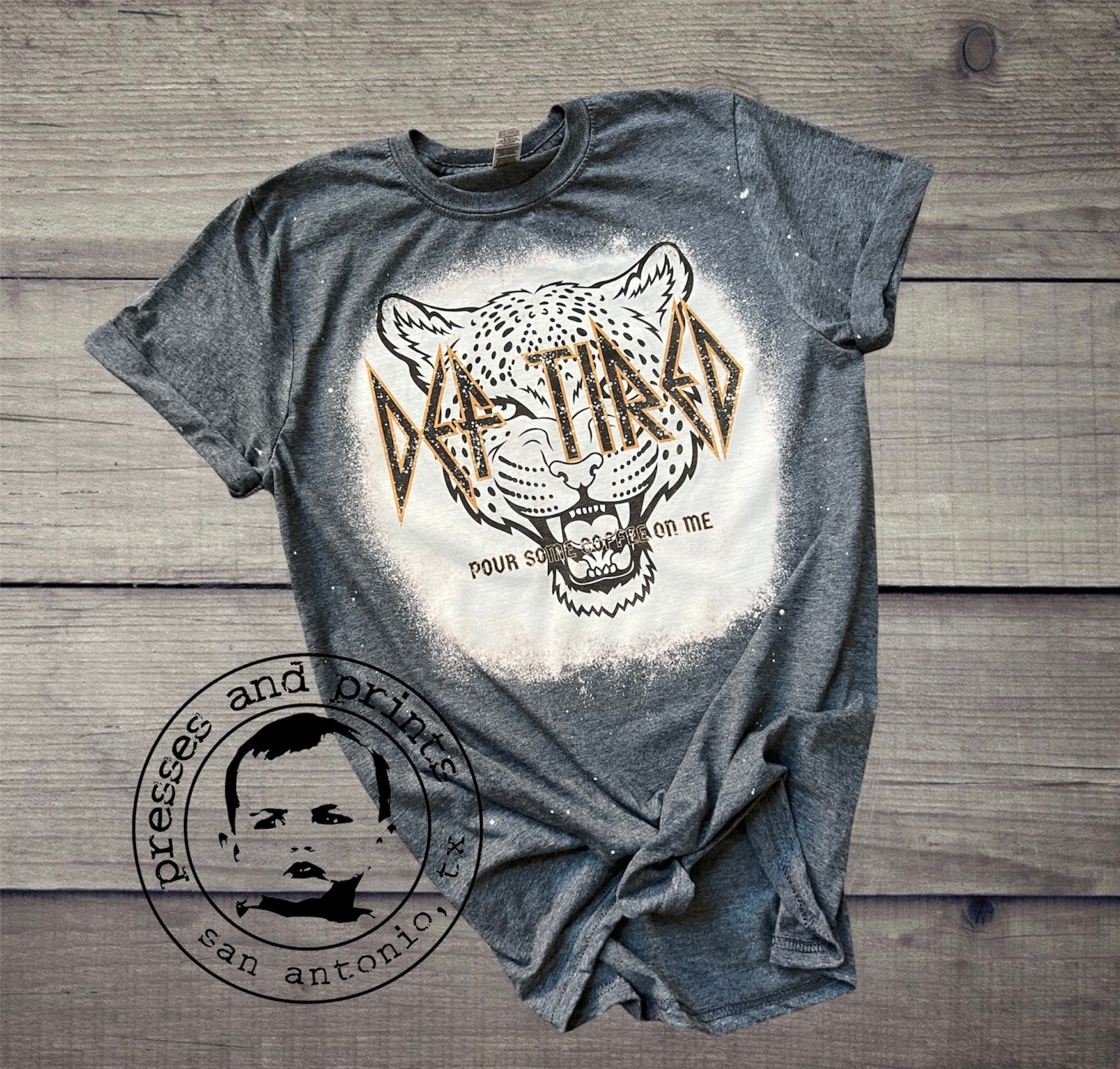 Def Tired Pour Some Coffee On Me Leopard Bleached T-Shirt, Distressed ...