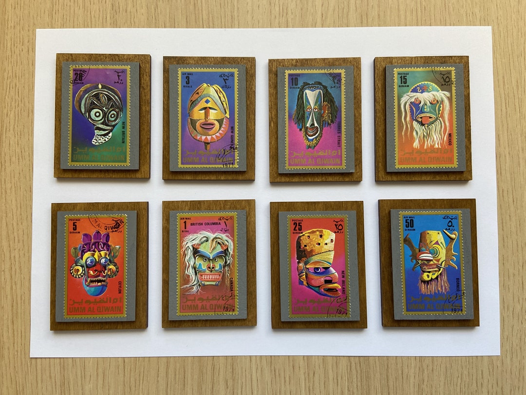 World Cultural Masks on 1972 Postage Stamps Set of 8 Hanging Wood ...