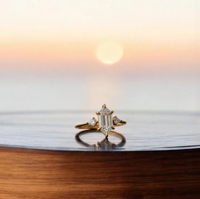 Vintage Style Art Deco Long Hexagon Cut Moissanite Engagement Ring 14K ...