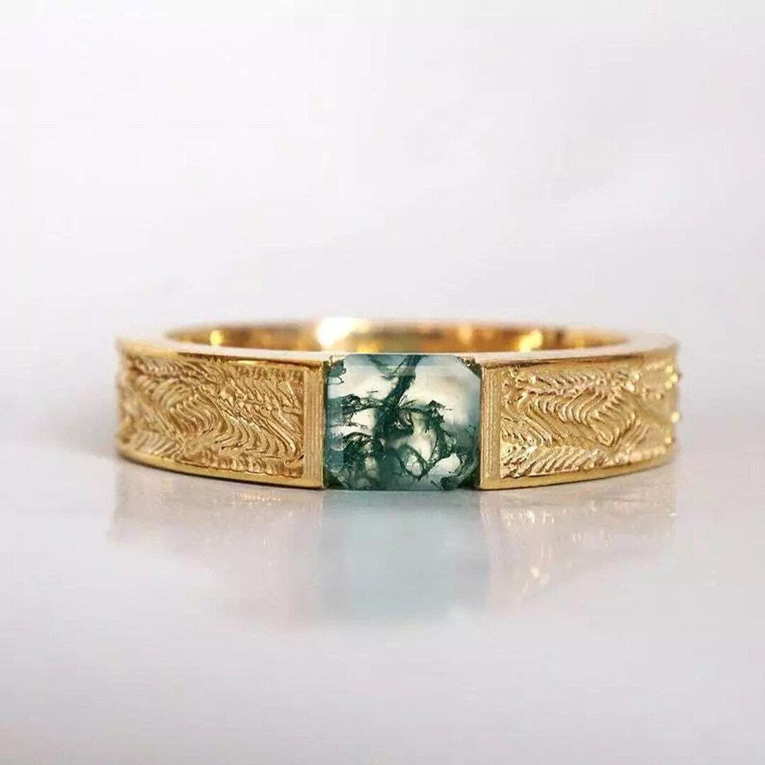 Natural Green Moss Agate Ring, Men's Ring, Men's Agate Wedding Band ...