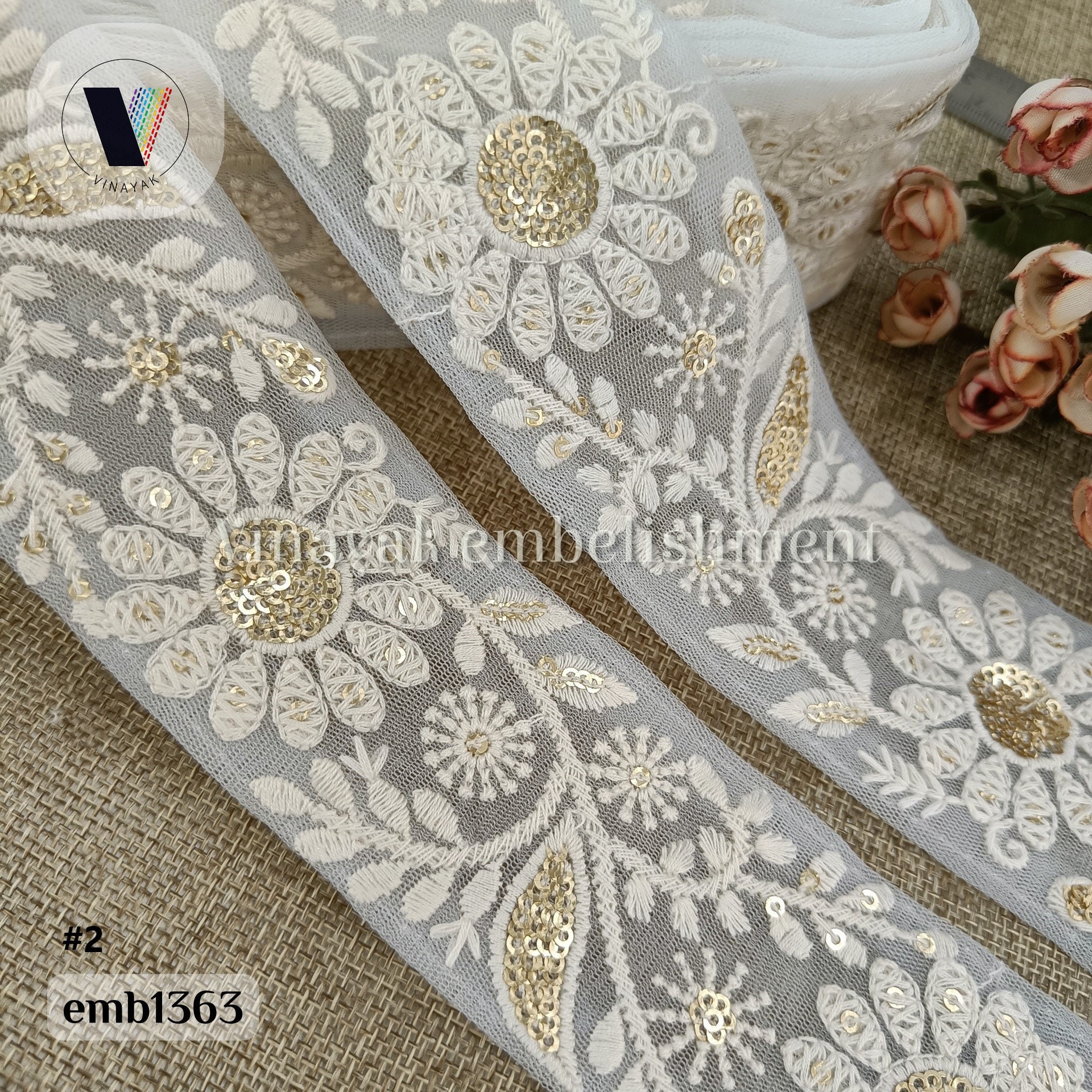 3.5"-5.5" White Cotton Thread Dyeable Tulle Embroidery Ribbon, Boho ...