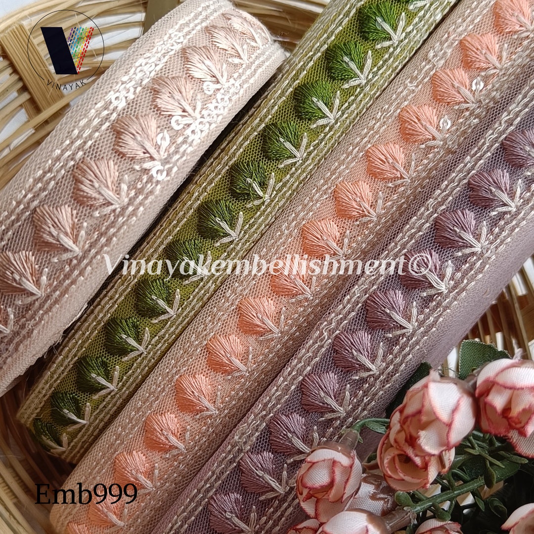 1" Pastel Thread Floral Embroidery Net Ribbon Trims Boho Bag Strap Belt ...