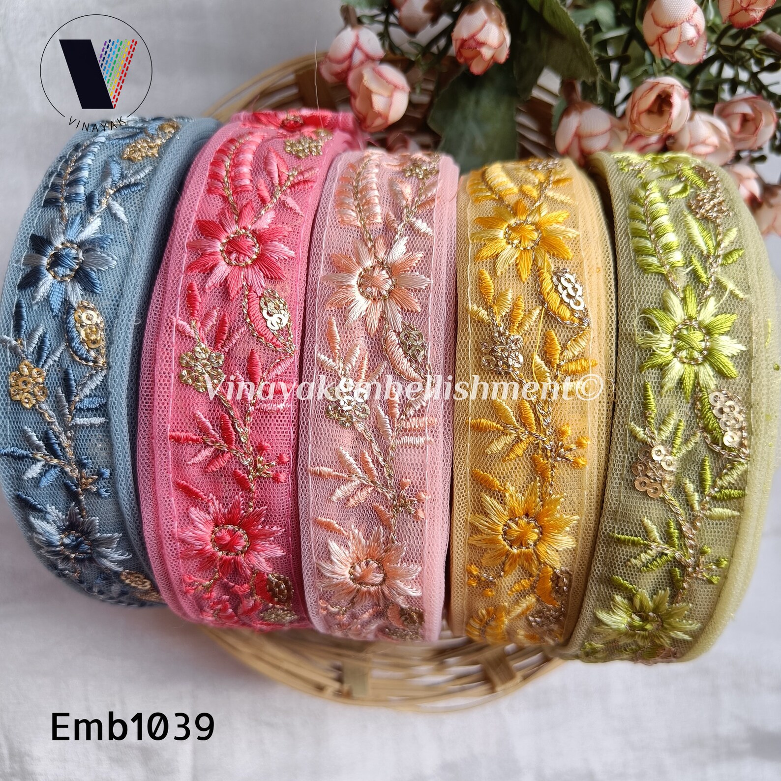 9 Yards 1.25 Floral Thread Embroidered Ribbon Trims Jacket Jeans ...