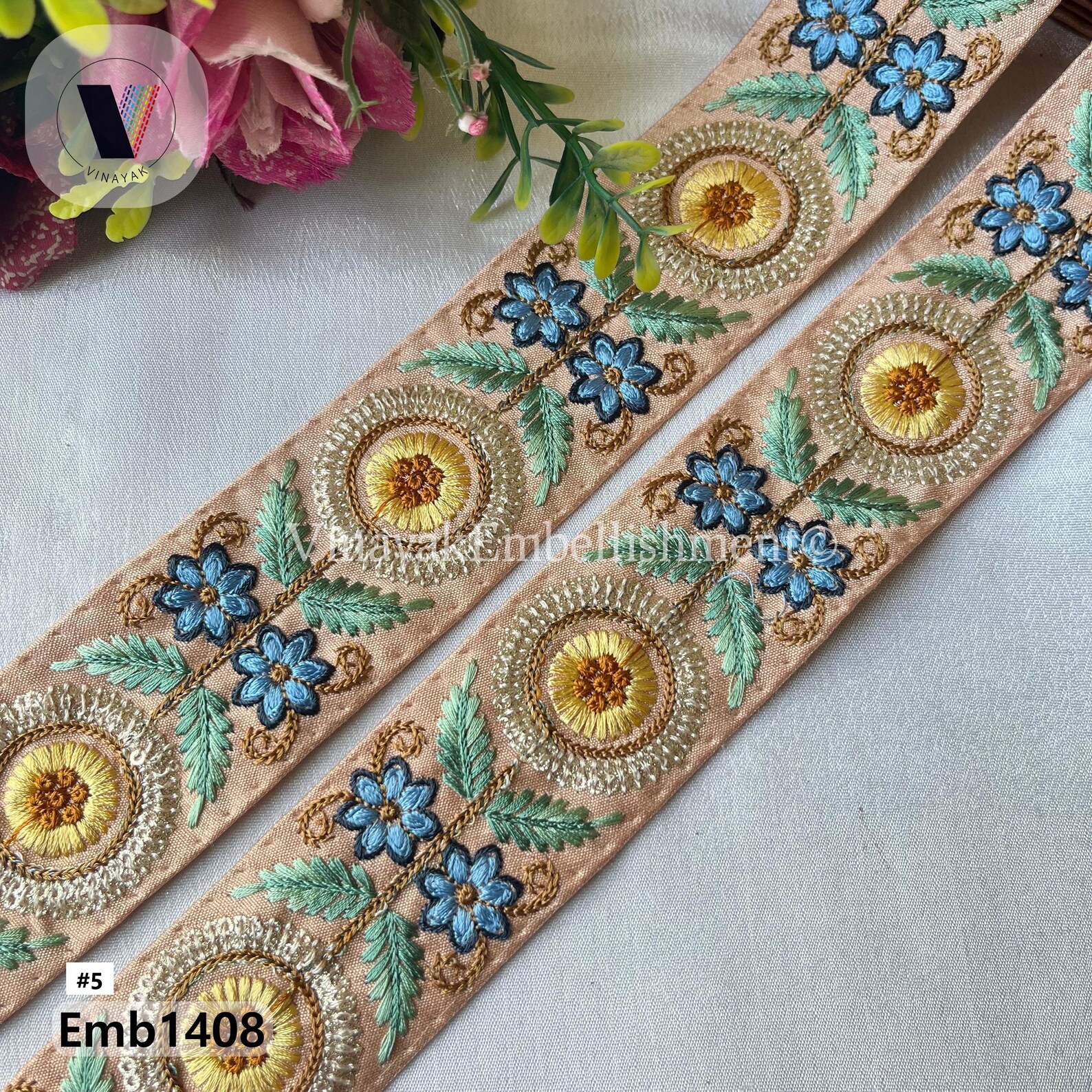 4 Cm Multi Floral Embroidered Narrow Fabric Trim Border, Indian Sari ...