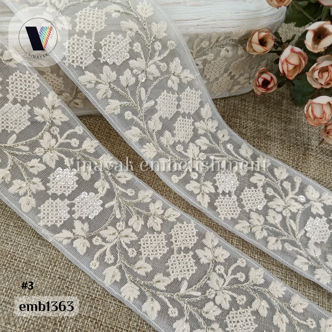 3.5"-5.5" White Cotton Thread Dyeable Tulle Embroidery Ribbon, Boho ...