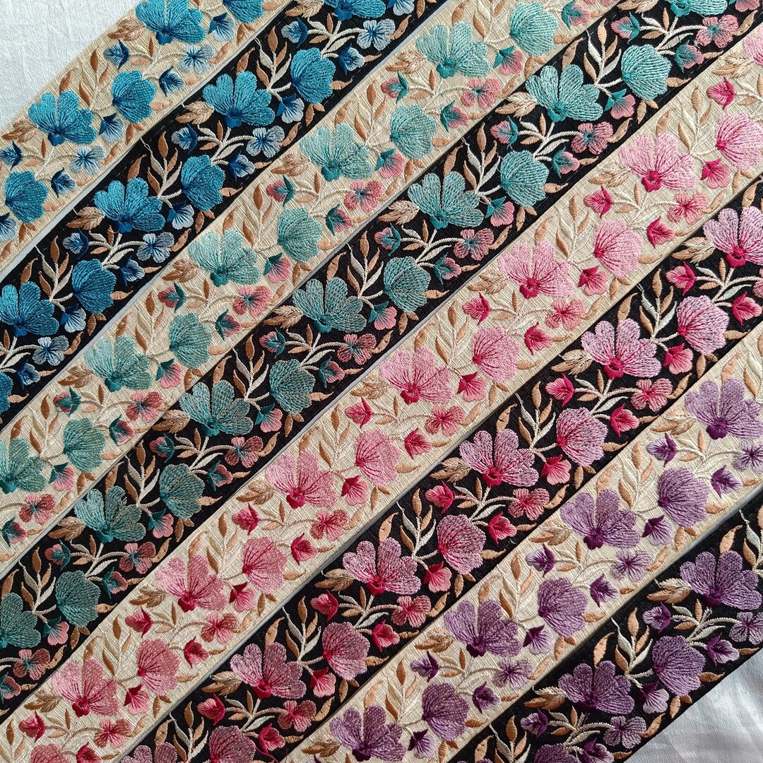 2" Floral Multi Color Embroidered Sari Fabric Ribbon, Boho Bag Strap ...