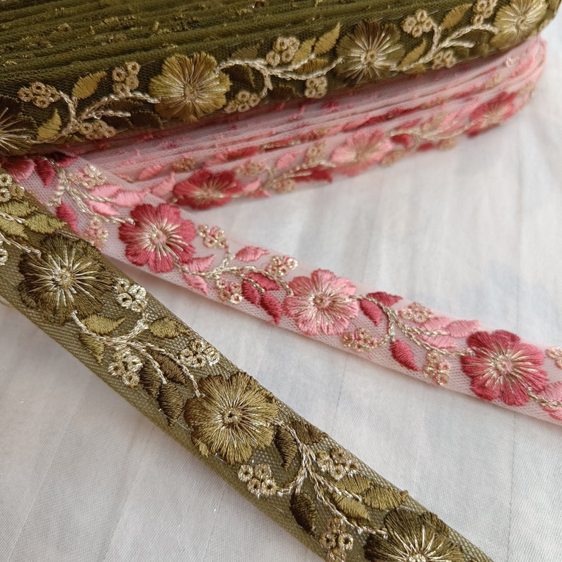 2 Cm Floral Pastel Gold Embroidered Trim by Yard Decorative Sari Ribbon ...