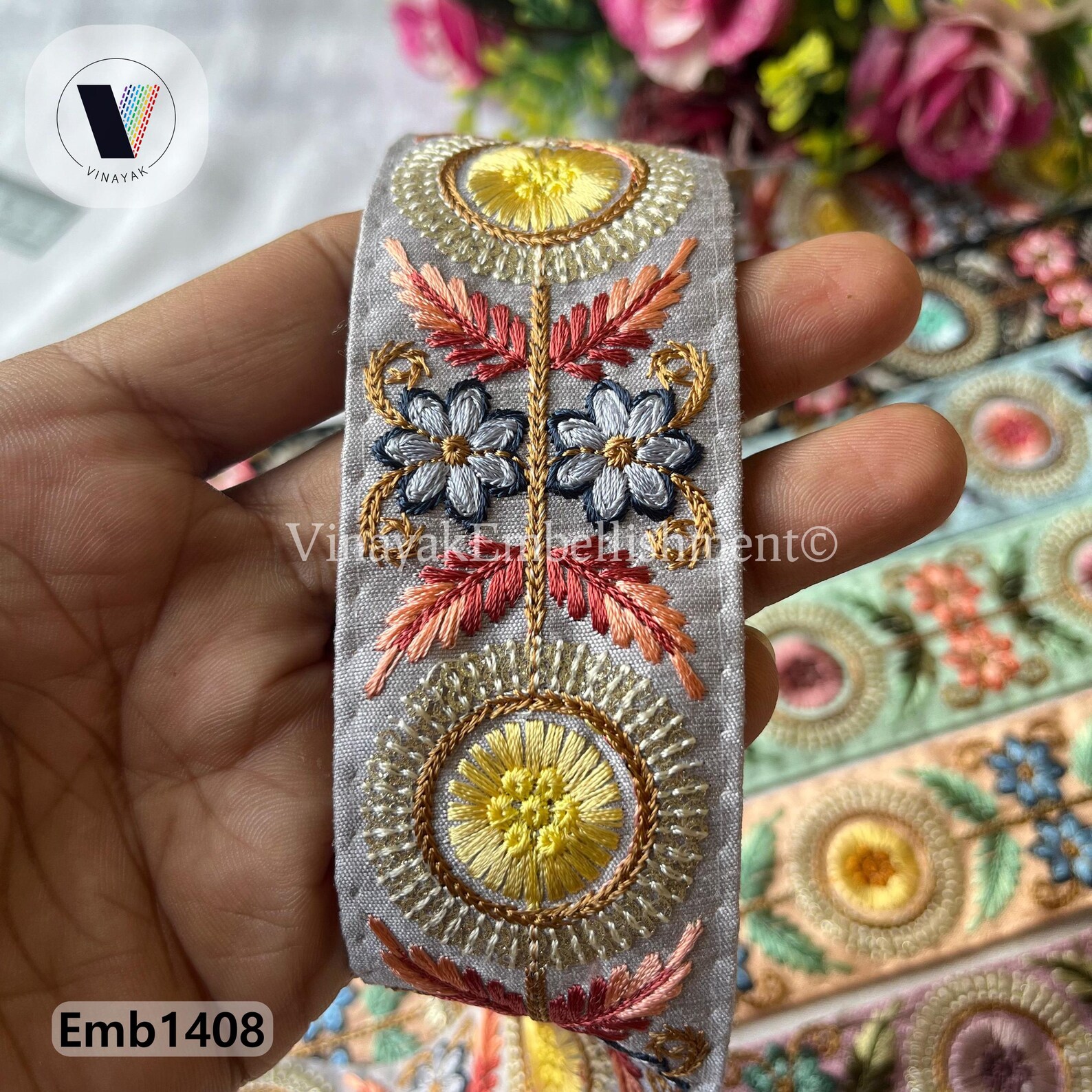 4 Cm Multi Floral Embroidered Narrow Fabric Trim Border, Indian Sari ...