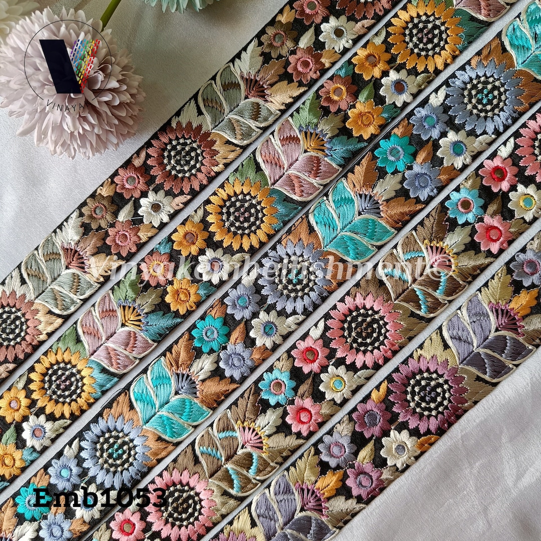 9 Yards 1.5" Multicolor Thread Embroidered Sari Fabric Trim, Decorative ...