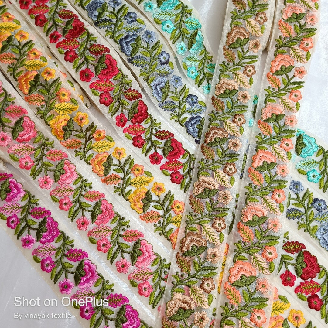 2" Floral Multi Color Embroidered Organza Ribbon, Boho Bag Straps Belt ...