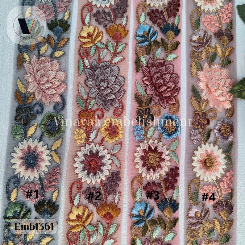 3.5 Cm Floral Pastel Embroidery Trims Tulle Ribbon Sari Border, Camera ...