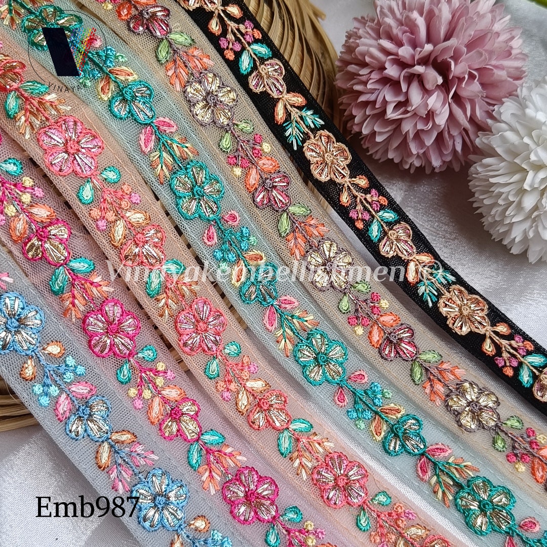 9 Yards 1" Multi Color Embroidered Net Mesh Ribbon, Bohemian Bag Belt ...