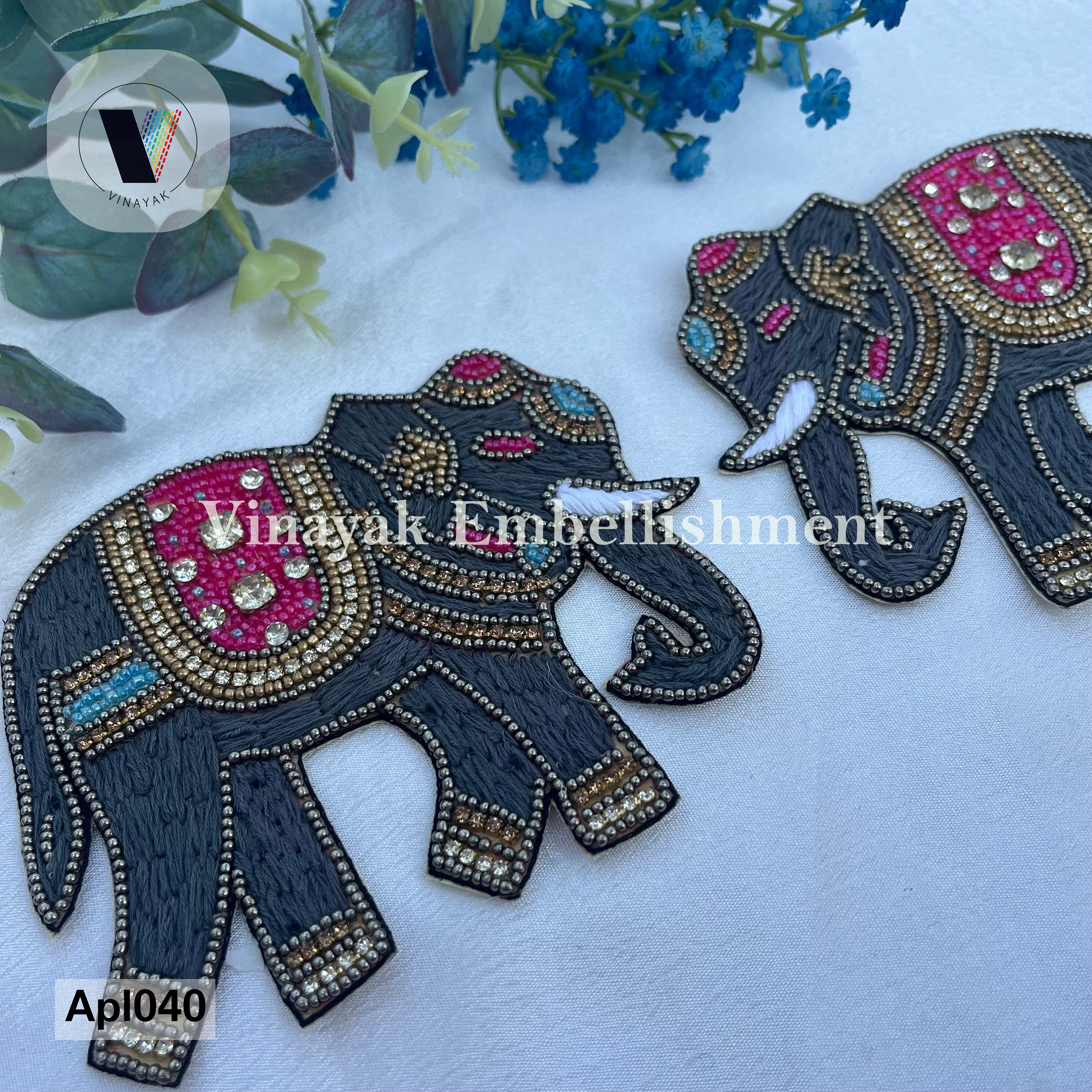 5"x4" Gray Thread Pink Gold Pearl Diamond Hand Beaded Elephant Applique ...