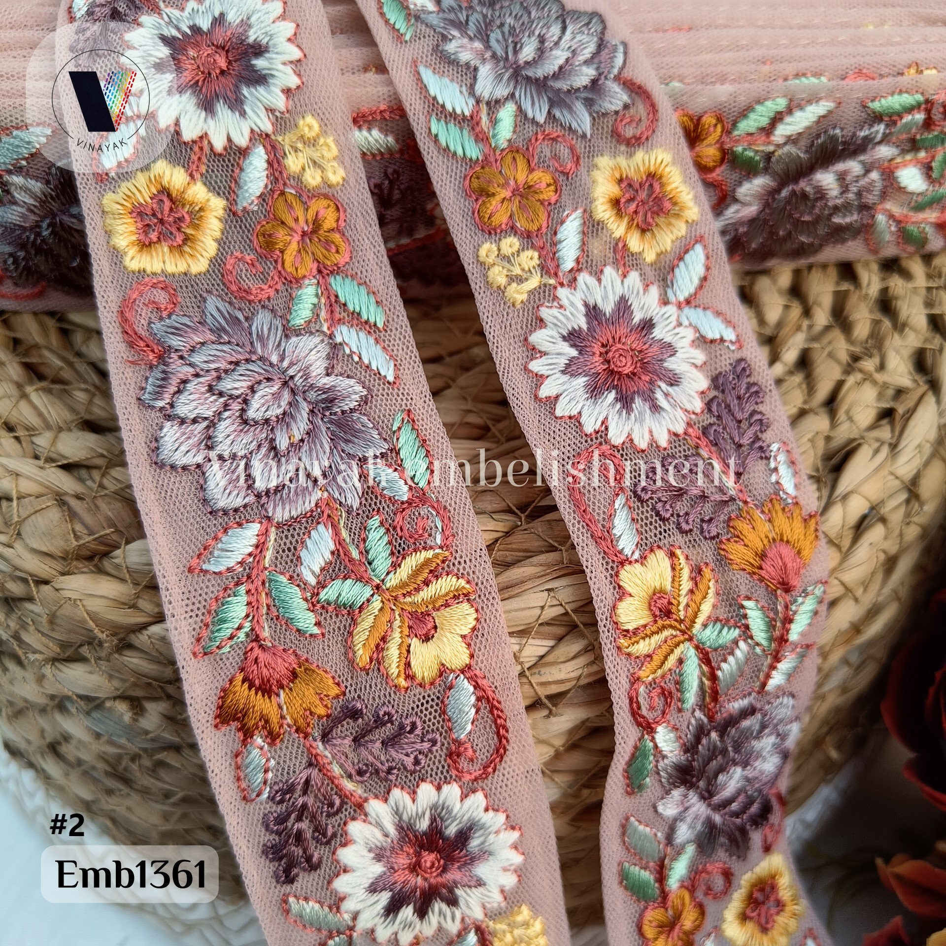 3.5 Cm Floral Pastel Embroidery Trims Tulle Ribbon Sari Border, Camera ...